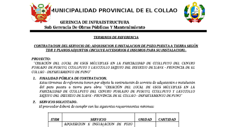 TDR ILAVE: Adquisición e Instalación de Pozo a Tierra - Studocu