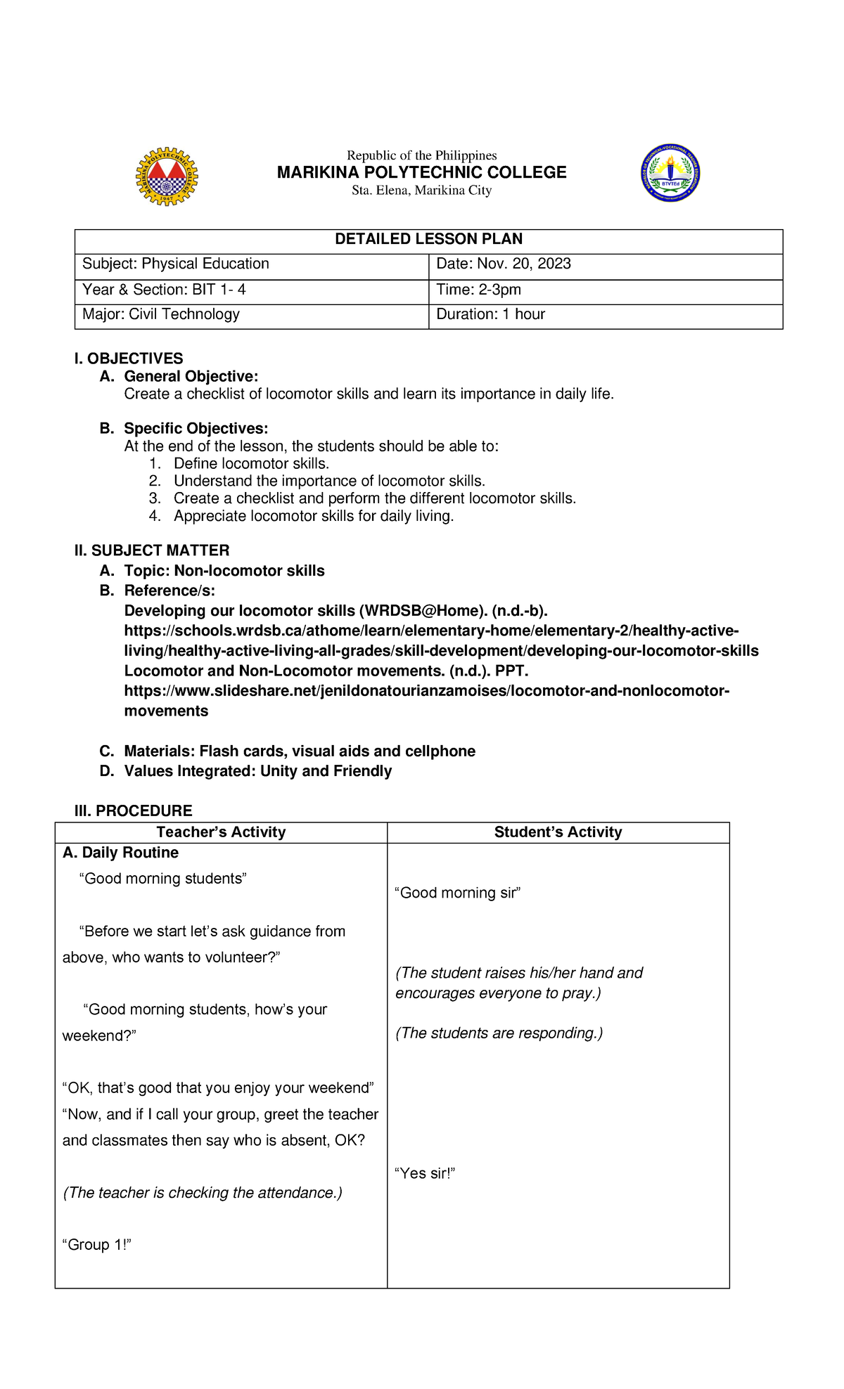 12DLP Detailed Lesson Plan on Locomotor Skills by Manuel A. Panganiban ...