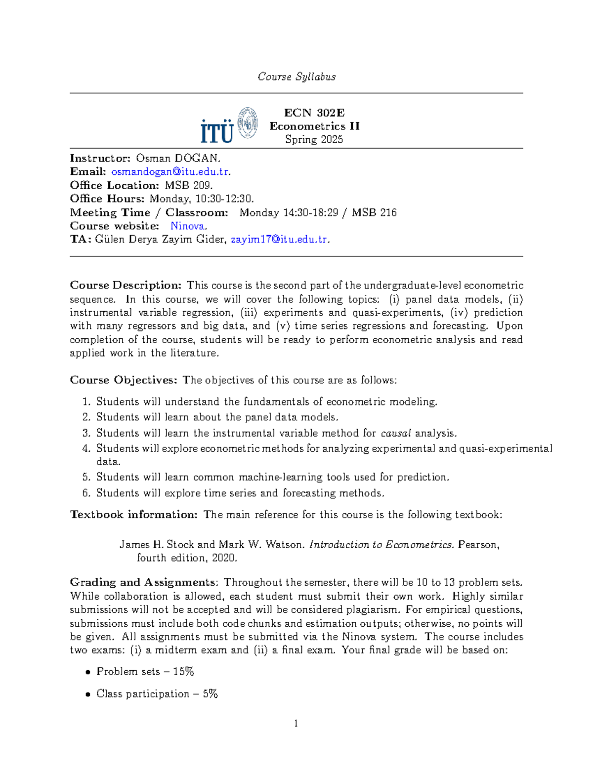 Econometrics II Syllabus ECN 302E Spring 2025 - Instructor Osman Dogan ...