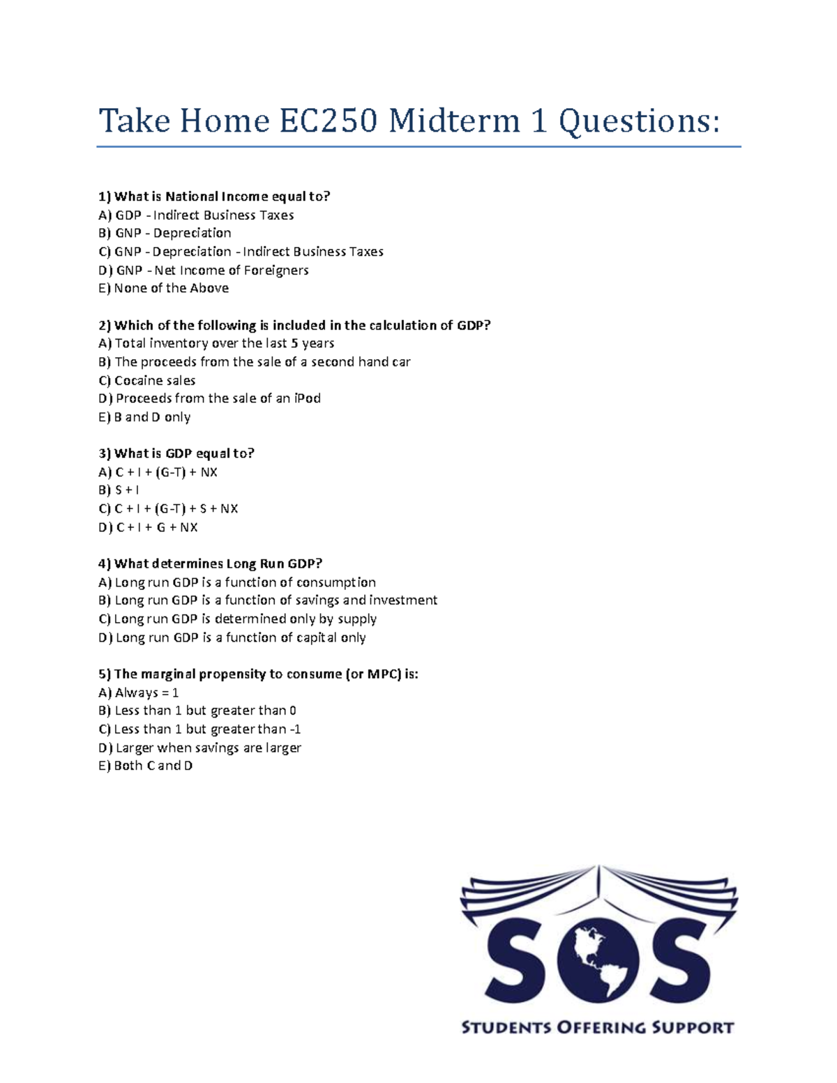 EC250 Midterm 1 Practice Questions and Solutions - Studocu