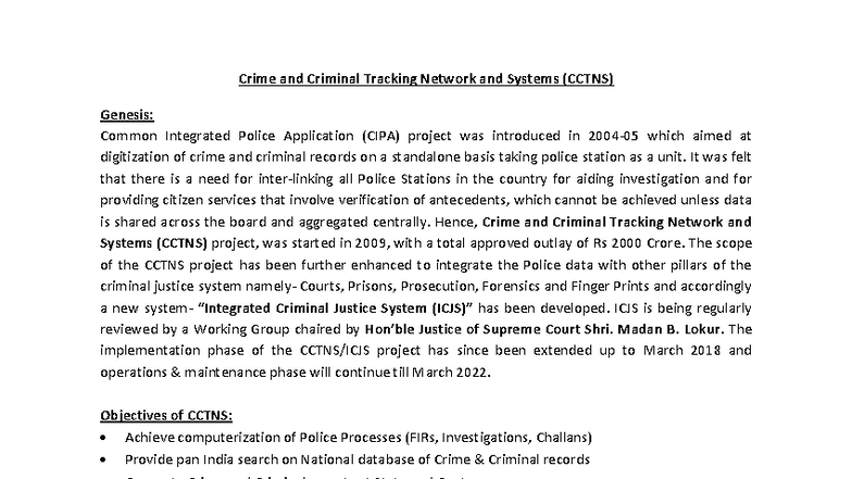 CCTNS: Overview of Crime and Criminal Tracking Systems Implementation ...