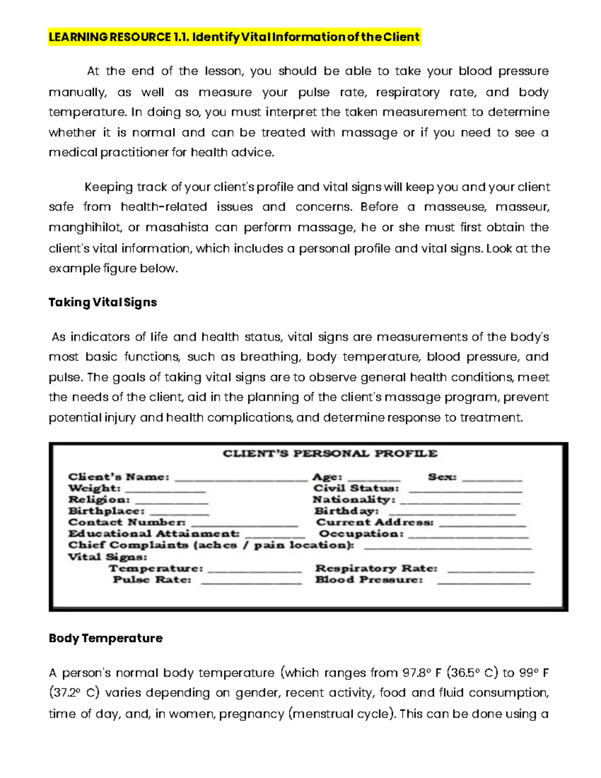Client Vital Signs Monitoring: Learning Resource 1.1 - Studocu