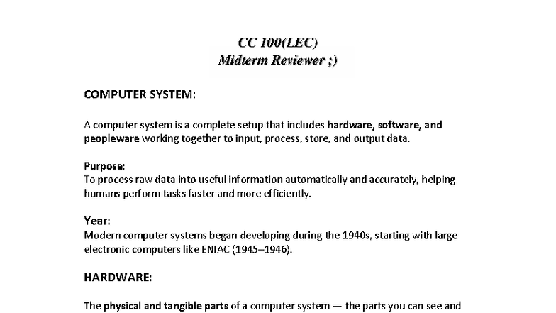 CC 100(LEC) Midterm Reviewer: Overview of Computer Systems - Studocu