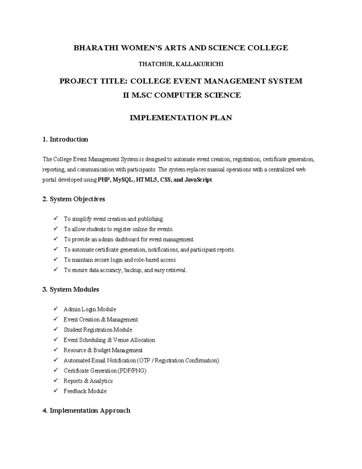 M.Sc CS II: Implementation Plan for College Event Management System ...