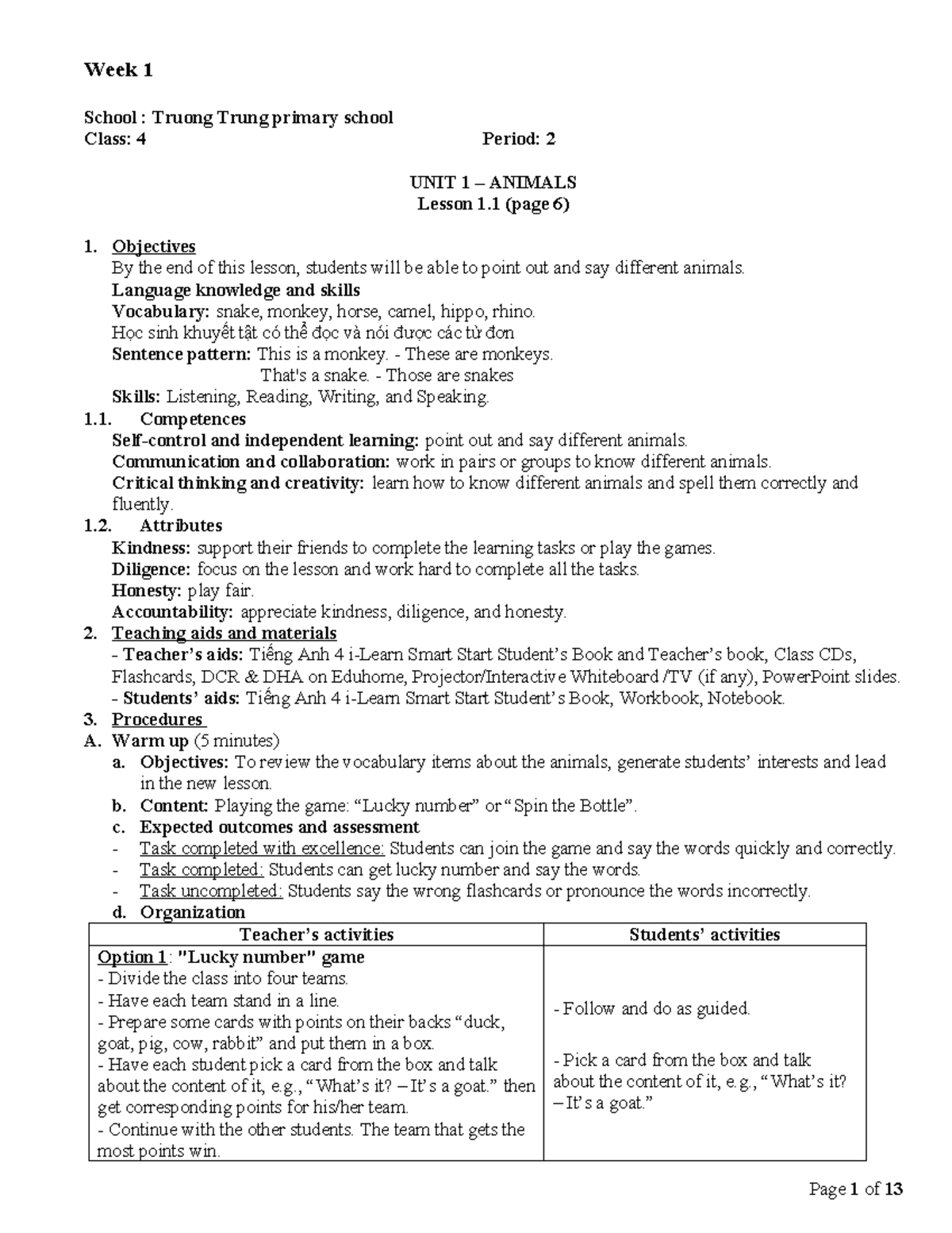 Unit 1 - Animals Lesson 1 Overview for Class 4 - Studocu