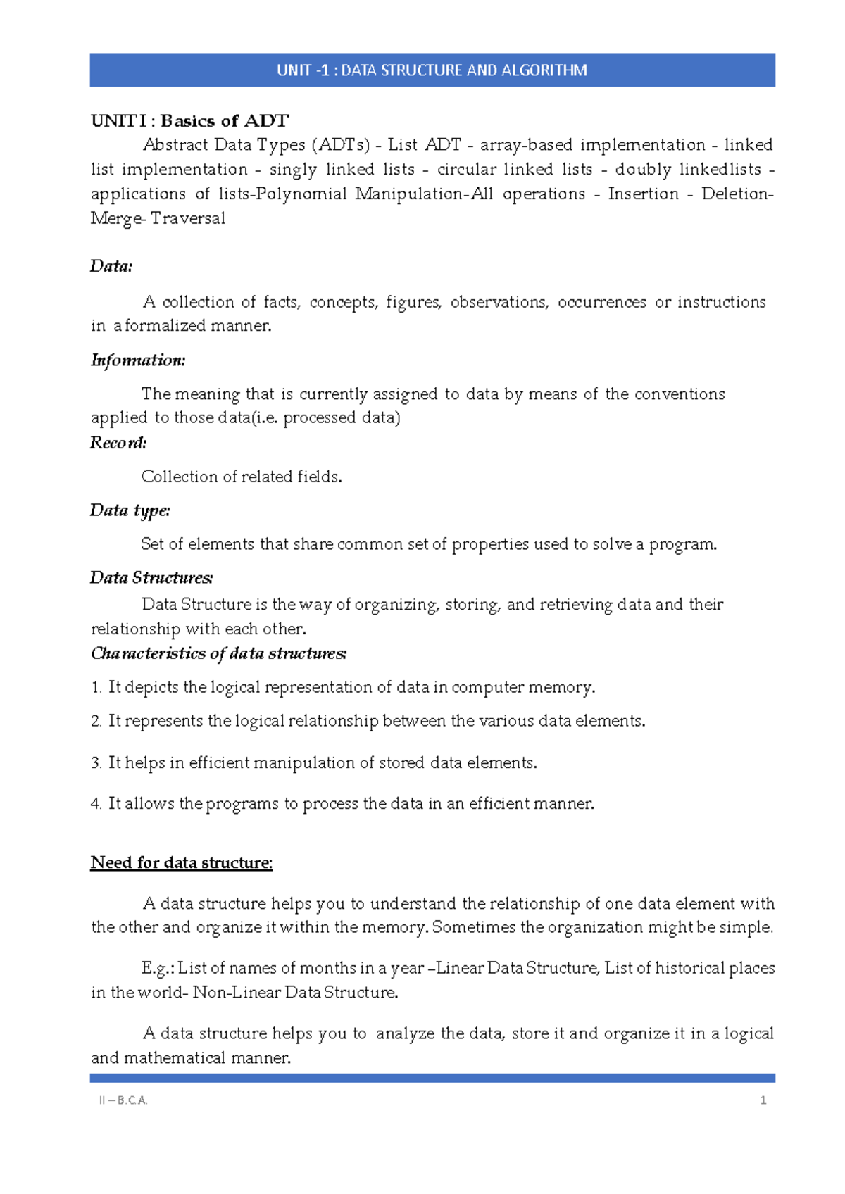 DS - UNIT I: Basics of Data Structures and Algorithms - Studocu