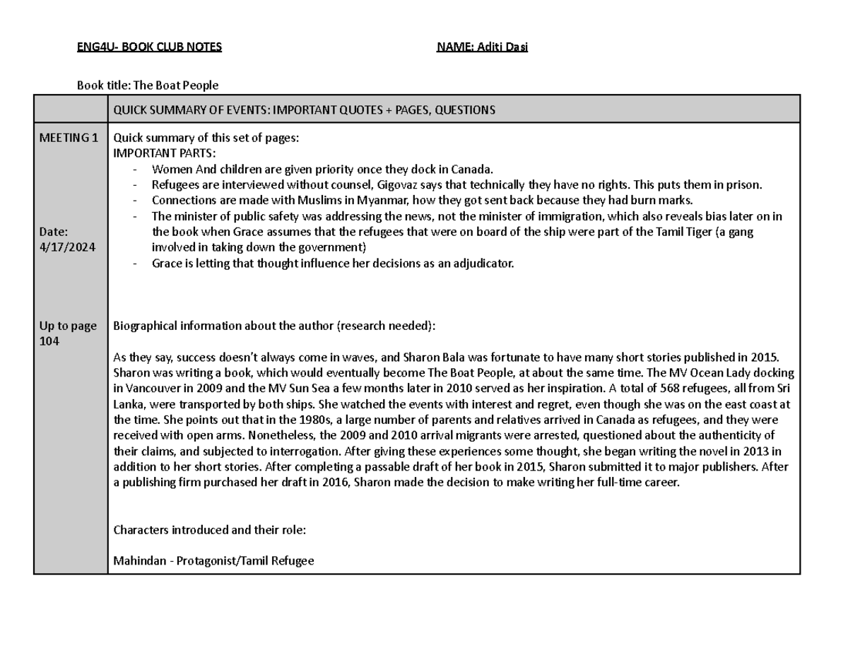 ENG4U - Reading Notes on The Boat People - Book Club #1 by Aditi Dasi ...