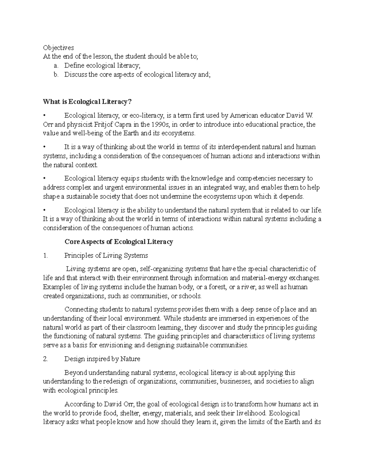 Ecological Literacy: Its meaning and purpose - Objectives At the end of ...