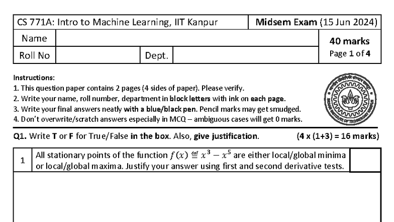 CS 771A: Machine Learning Midsem Exam Questions & Instructions - Studocu
