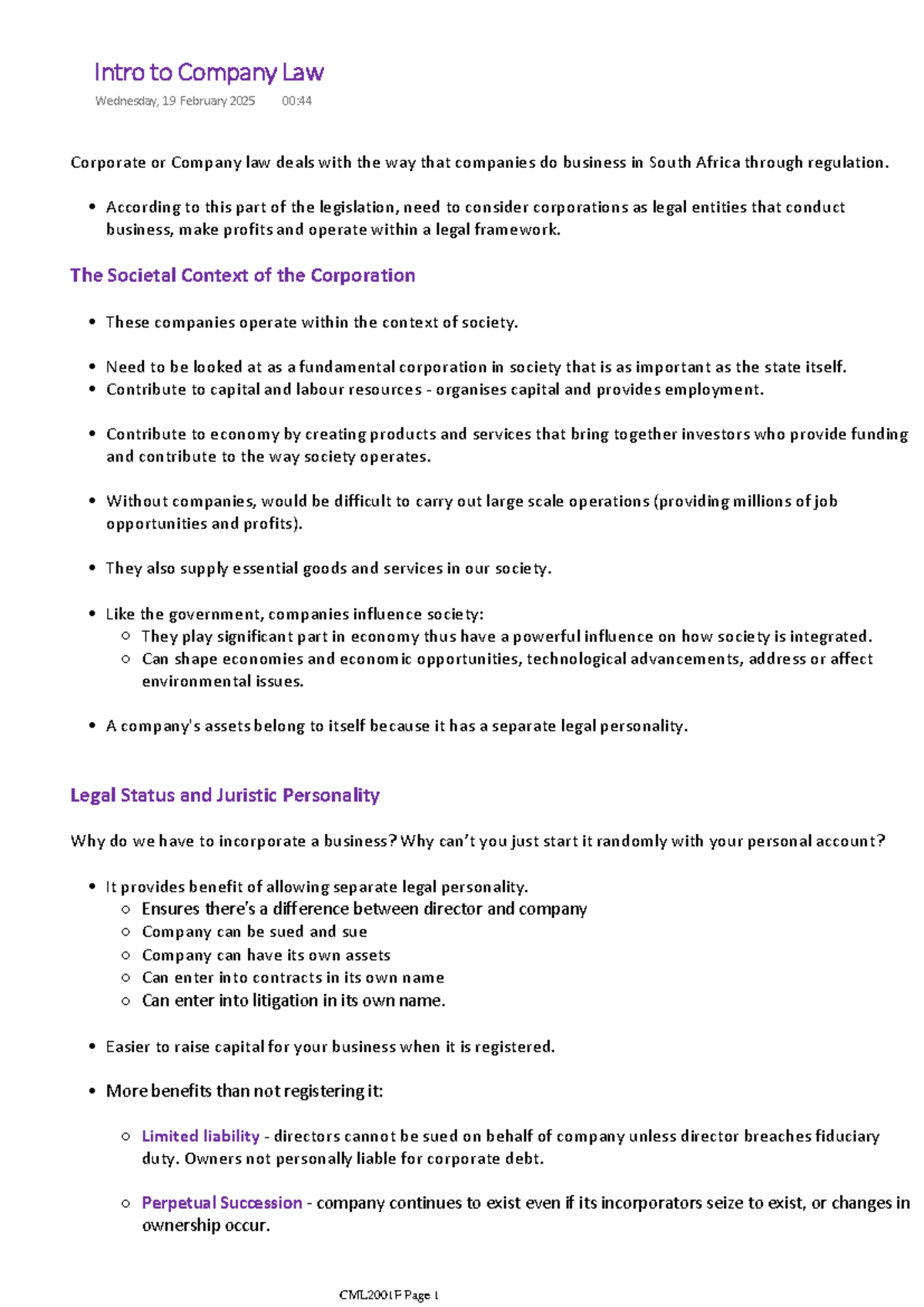 CML2001F: Intro to Company Law Overview and Key Concepts - Studocu