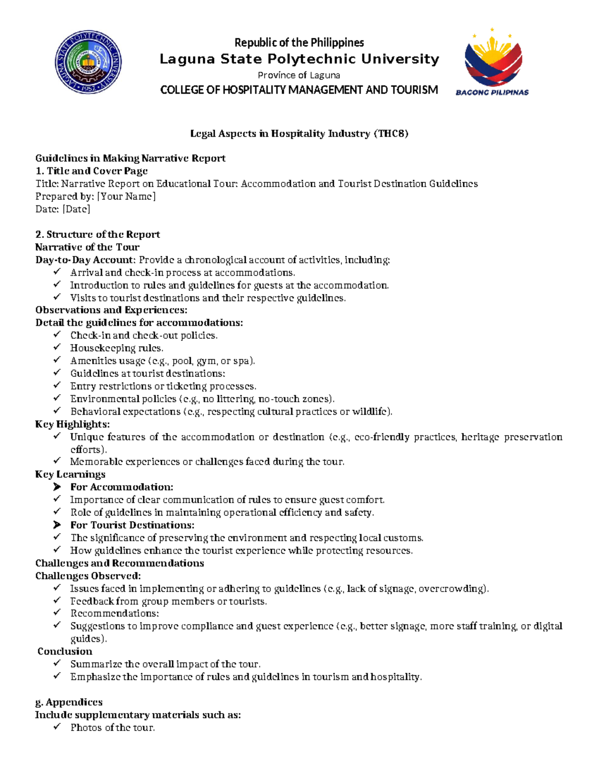 Legal Aspects in Hospitality (THC8): Narrative Report Guidelines - Studocu