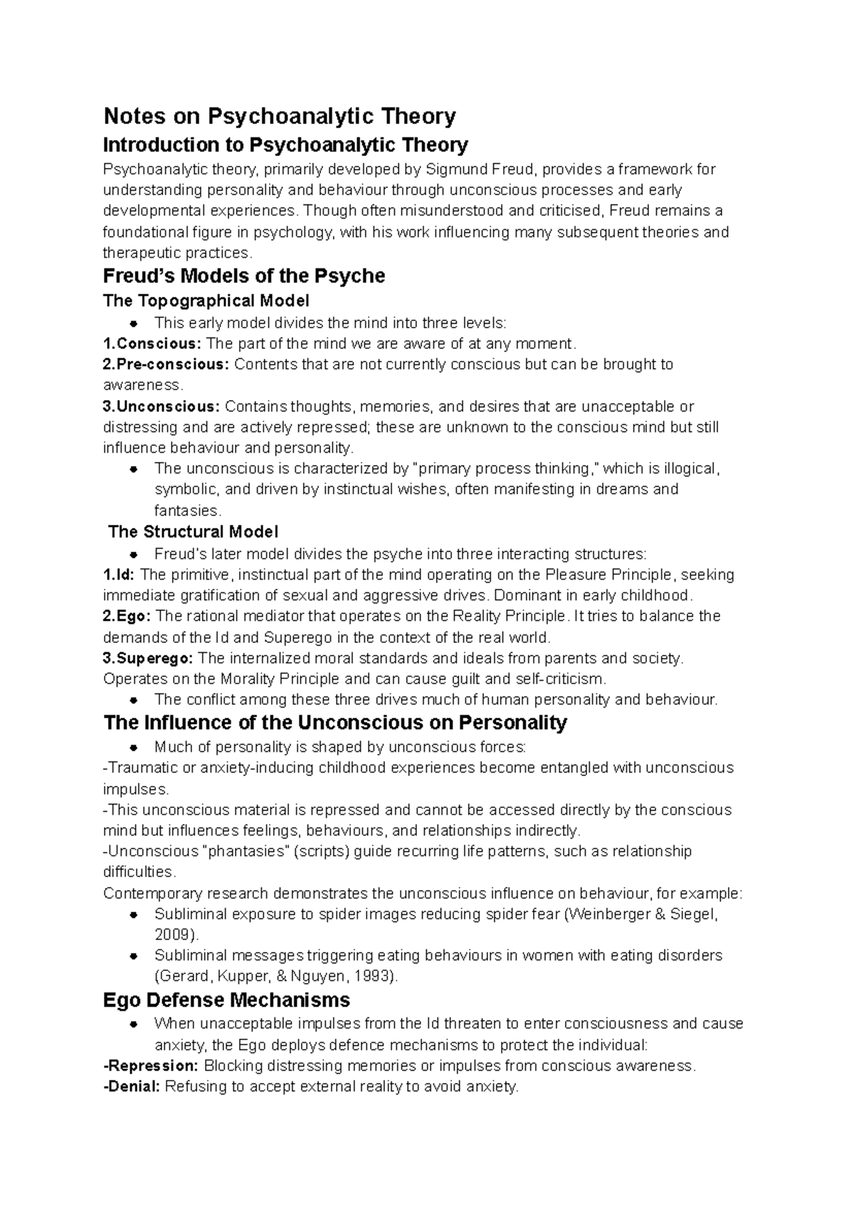 Psych 207 M1: Comprehensive Notes on Psychoanalytic Theory - Studocu