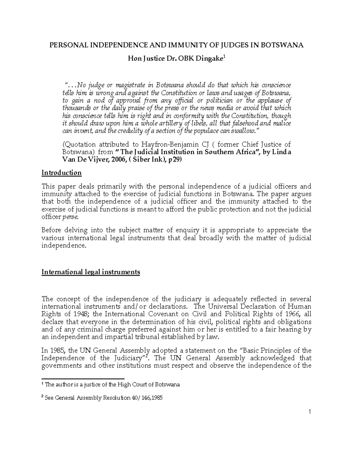 Judicial Immunity and Independence in Botswana: Insights by Justice OK ...