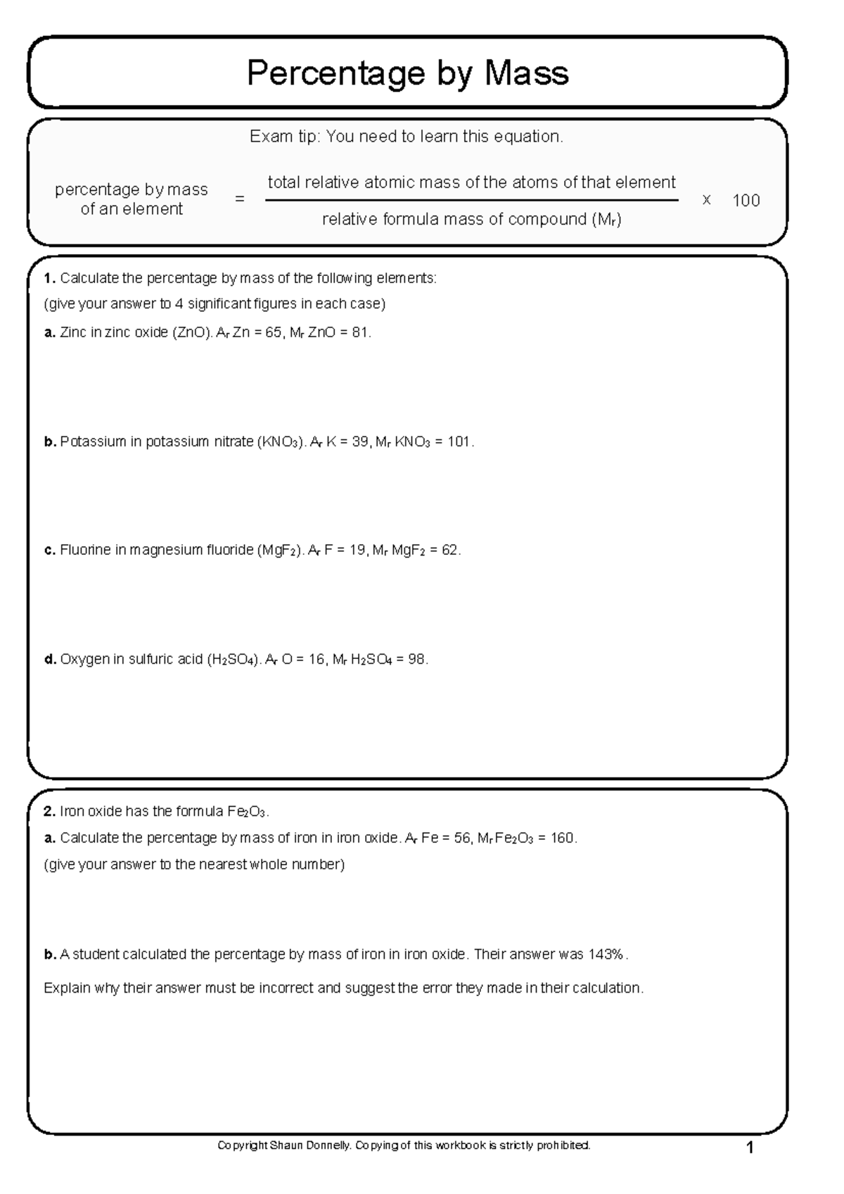 Chemistry Percentage by Mass Calculations for Elements - Studocu