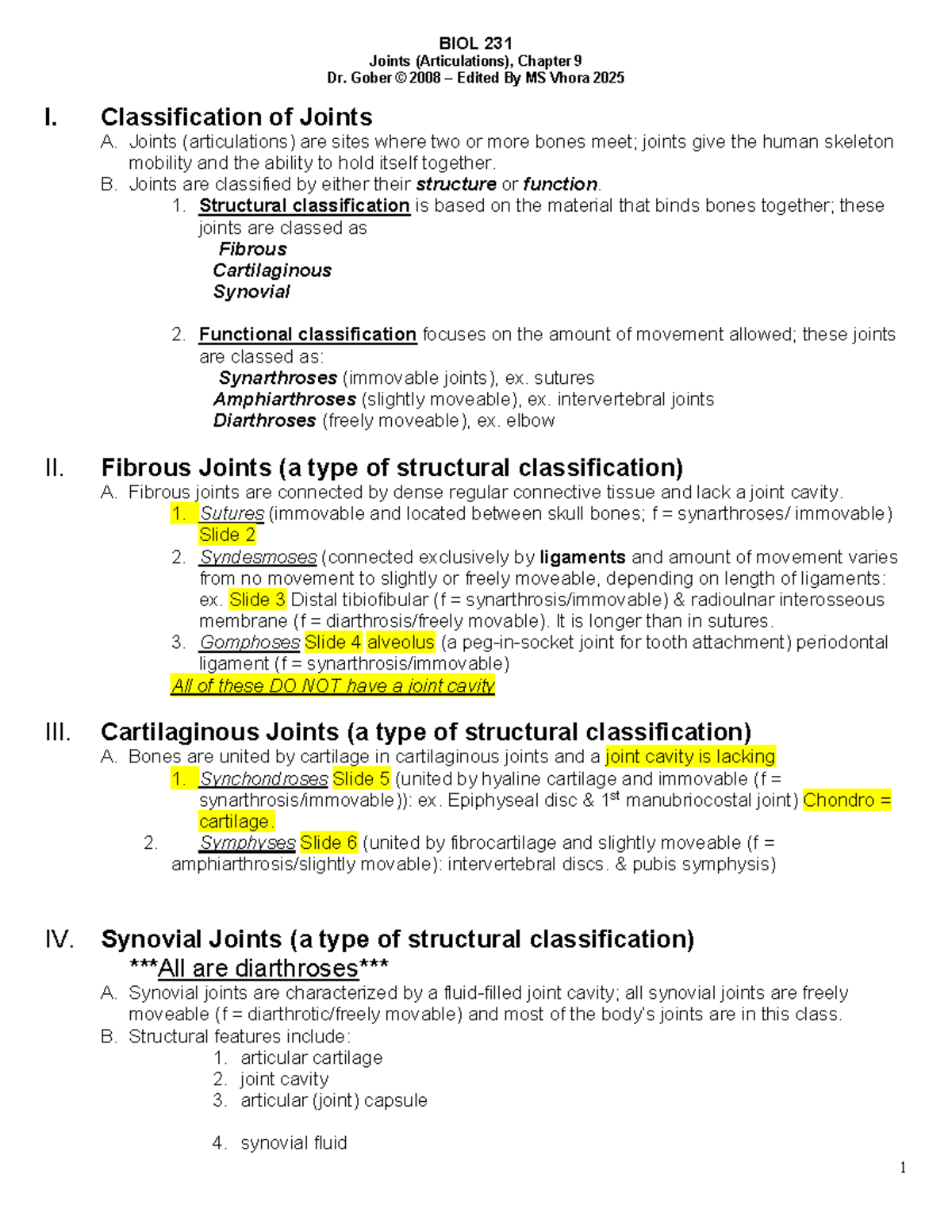 BIOL 231 Joints (Articulations): Chapter 9 Overview & Functions - Studocu