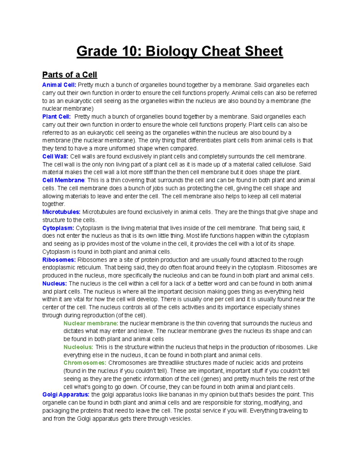 Grade 10 Biology Unit Review Cheat Sheet - Louise Arbour SS - 2020 ...