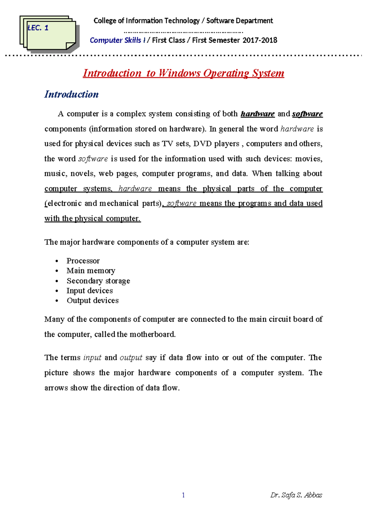 IT 101 LEC 1: Intro to Windows OS - Computer Skills I - Studocu