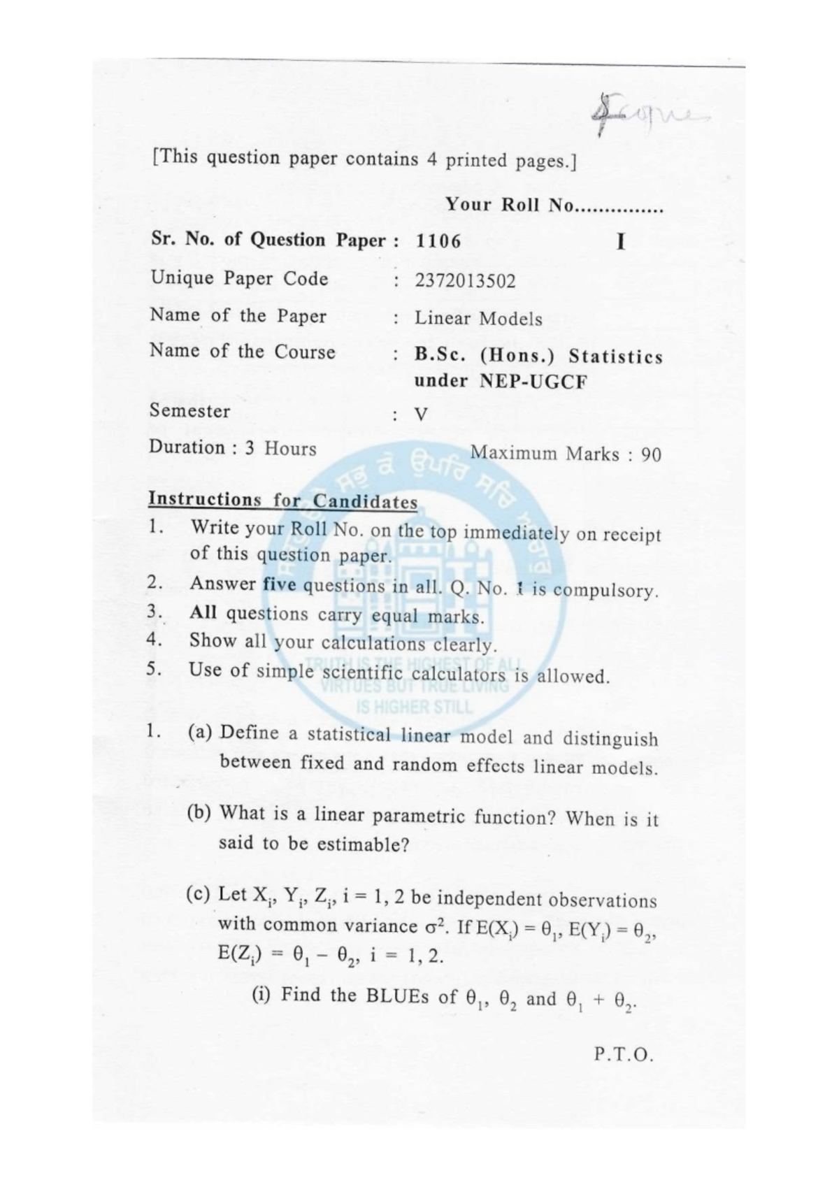 B.Sc. (Hons.) Statistics V: Linear Models Question Paper (1106) - Studocu