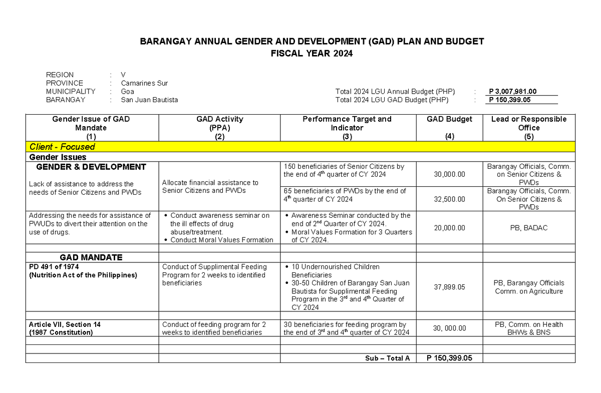 GAD 2024 - Annual Gender & Dev. Plan for Barangay San Juan Bautista ...