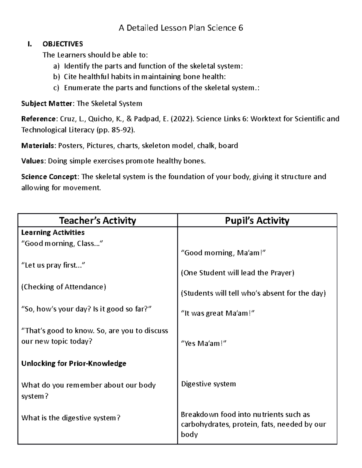 Detailed Lesson Plan on the Skeletal System - Science 6 - Studocu