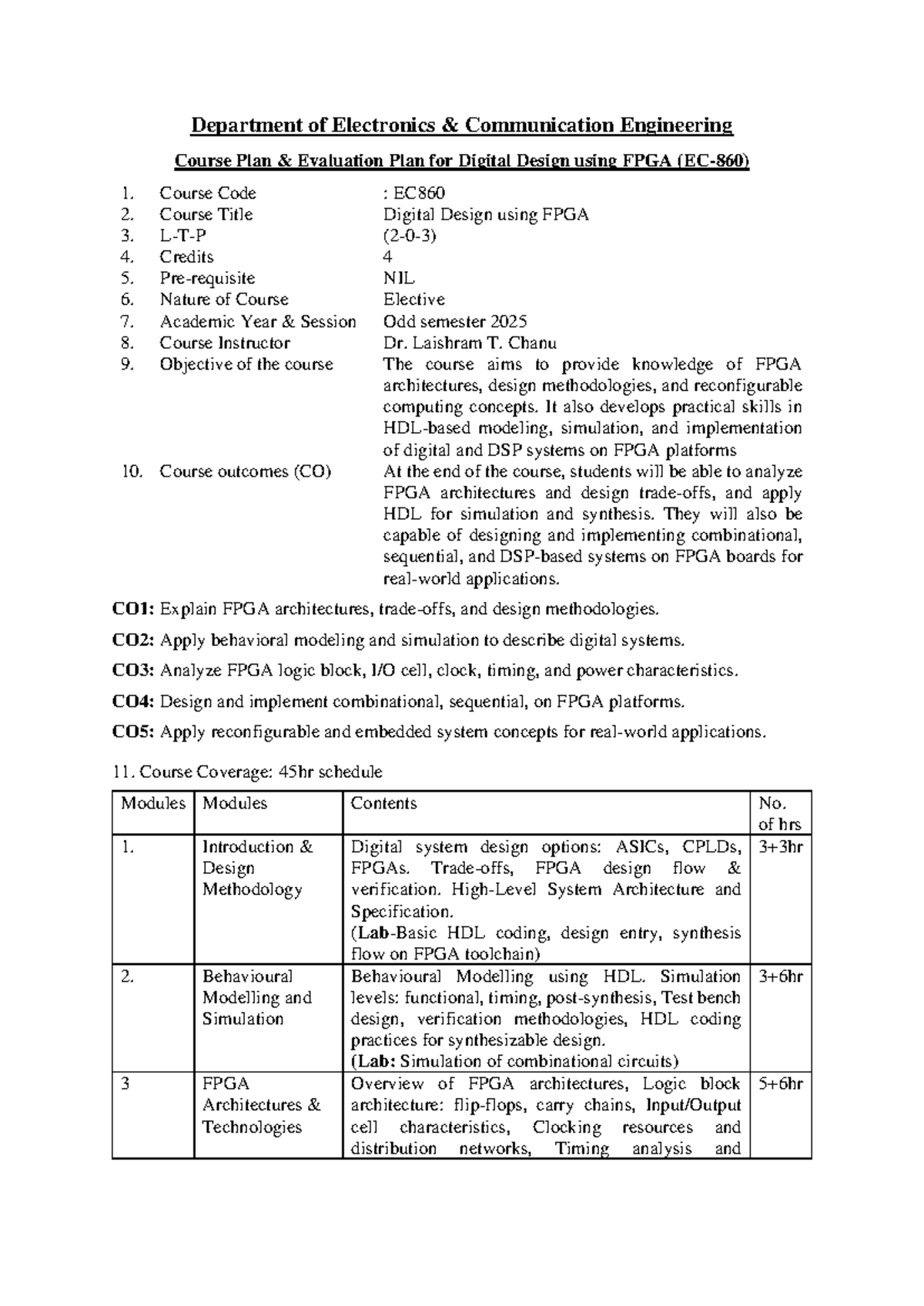 EC860 Digital Design using FPGA Course Plan Overview and Evaluation ...