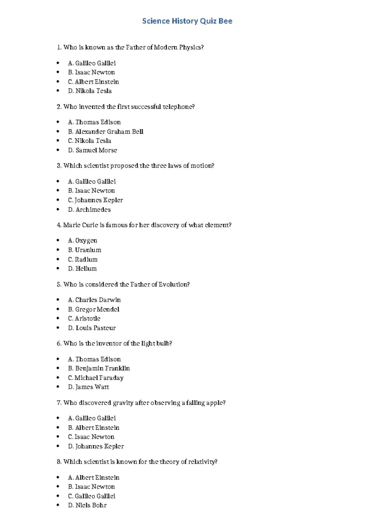 Science History Quiz Bee for Grades 4-6 - Studocu