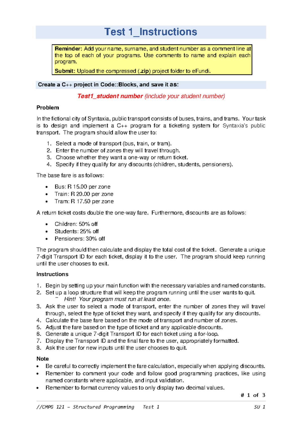 Test 1: Ticketing System Program Instructions for 121 Structured ...