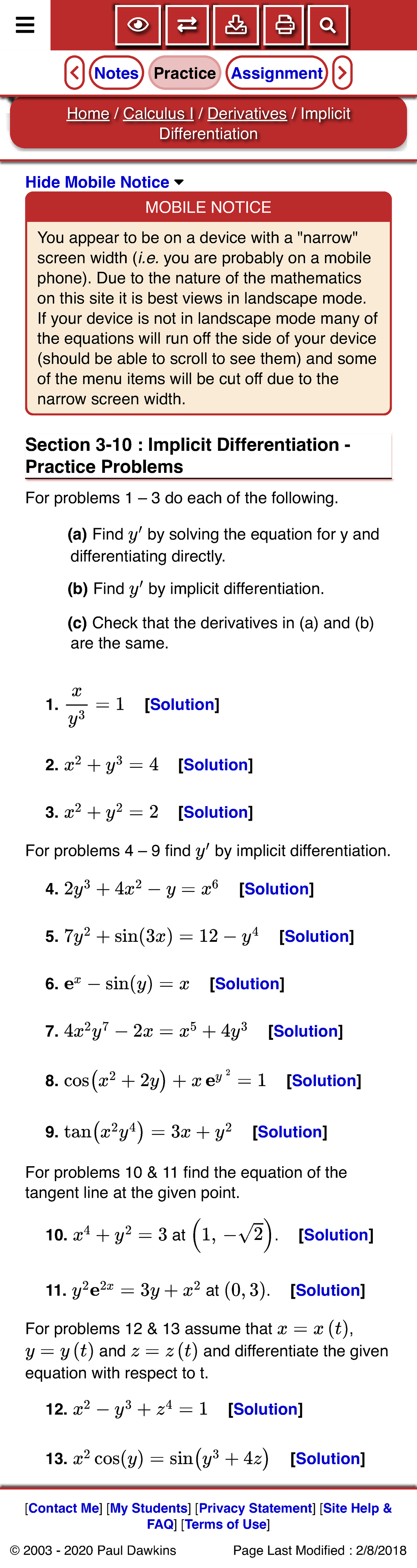 Calculus I - Implicit Differentiation (Practice Problems) - Paul's ...