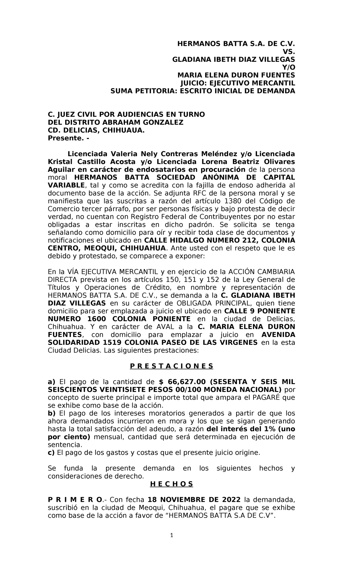Gladiana Ibeth DIAZ Villegas - HERMANOS BATTA S. DE C. VS. GLADIANA ...