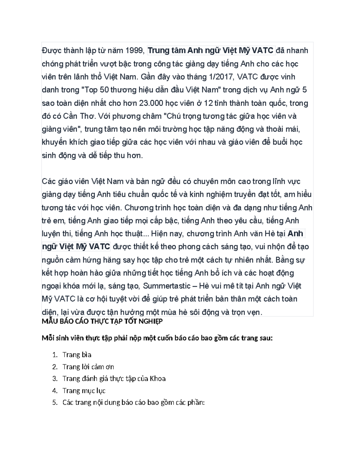 Tổng hợp báo cáo thực tập tại Trung tâm Anh ngữ VATC - English - Studocu