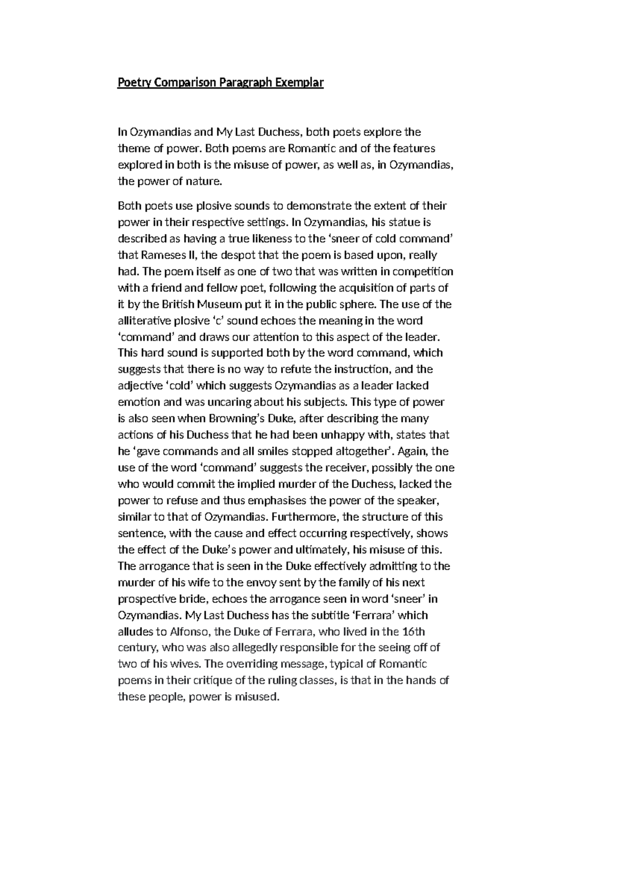 Poetry Comparison Exemplar: Power in Ozymandias & My Last Duchess - Studocu
