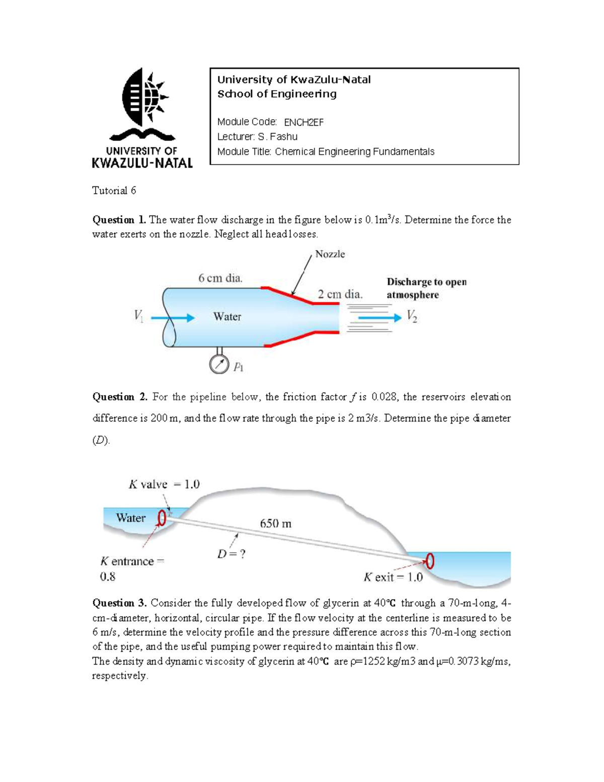 ENCH2EF Tutorial 6: Chemical Engineering Flow Problems - Studocu