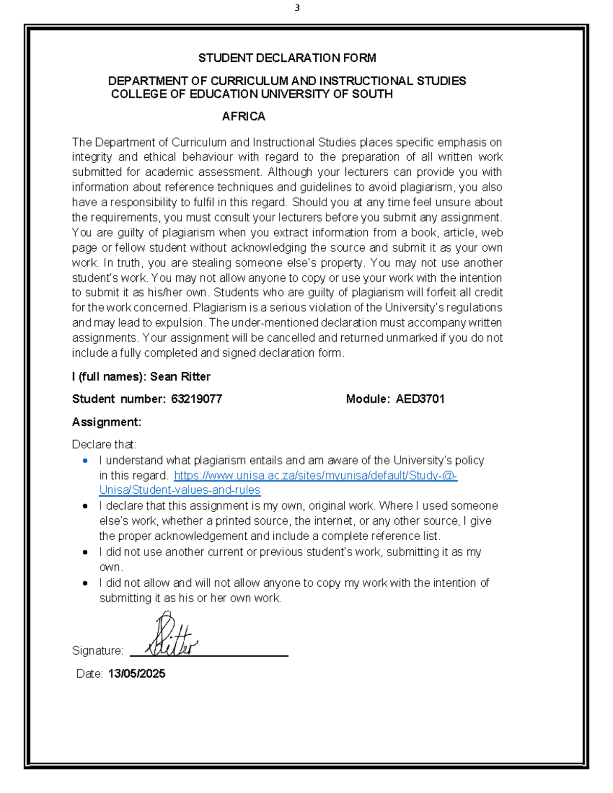 AED3701 Student Declaration Form & Assessment Guidelines - Studocu