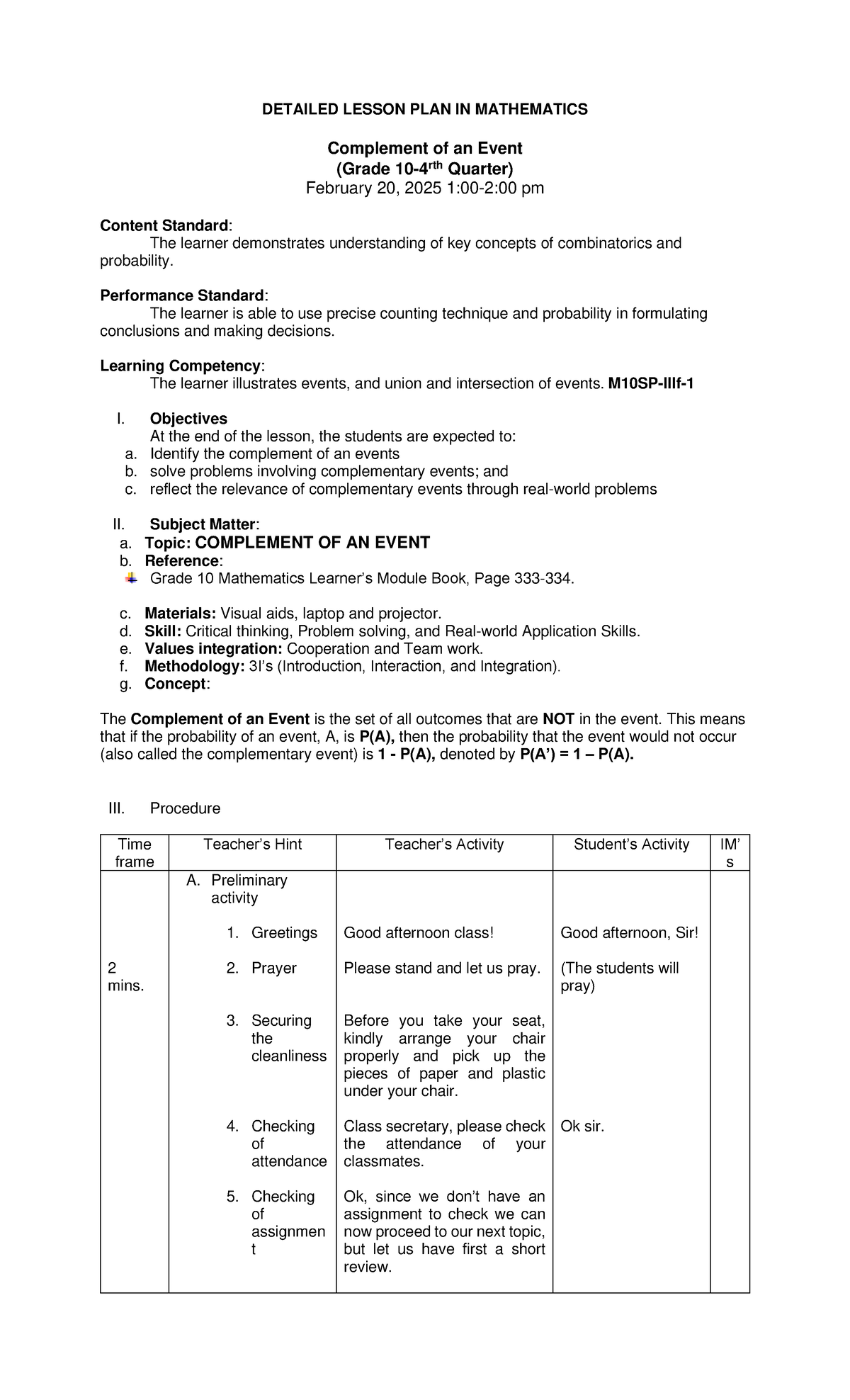 Grade 10 Math Lesson Plan: Complement of an Event (Feb 20, 2025) - Studocu