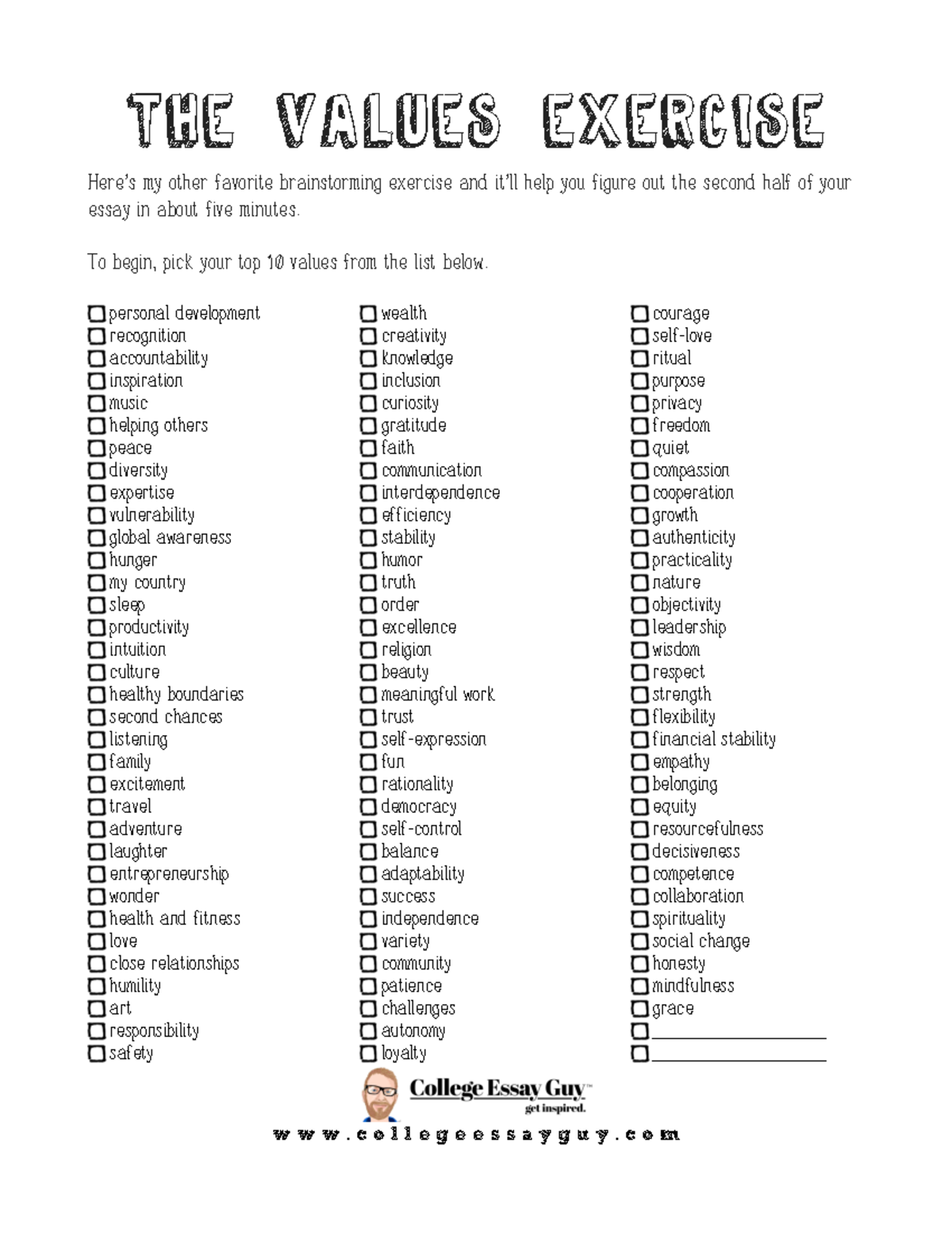 Values Exercise Worksheet for Personal Development Planning - Studocu