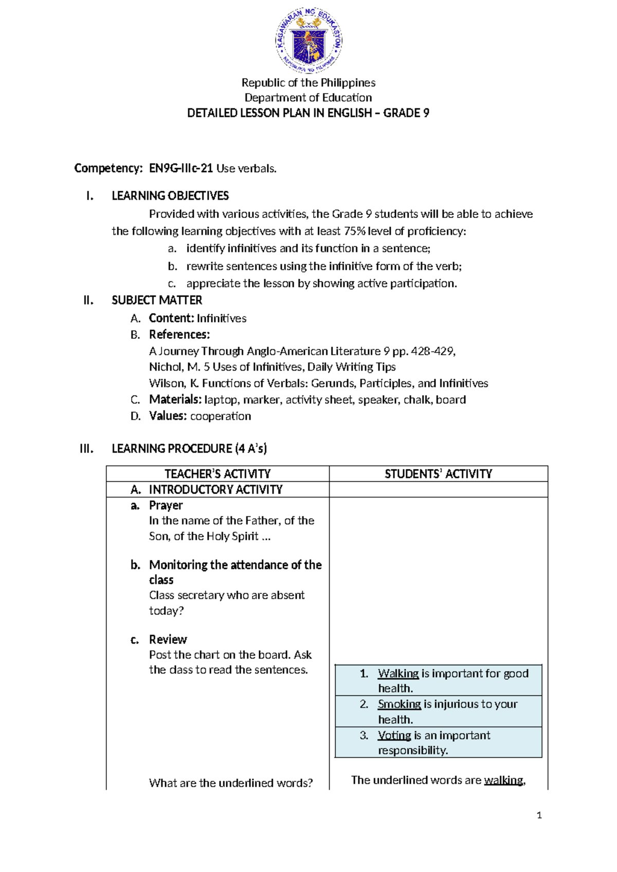 Detailed Lesson Plan: Infinitives in Grade 9 English (EN9G-IIIc-21 ...