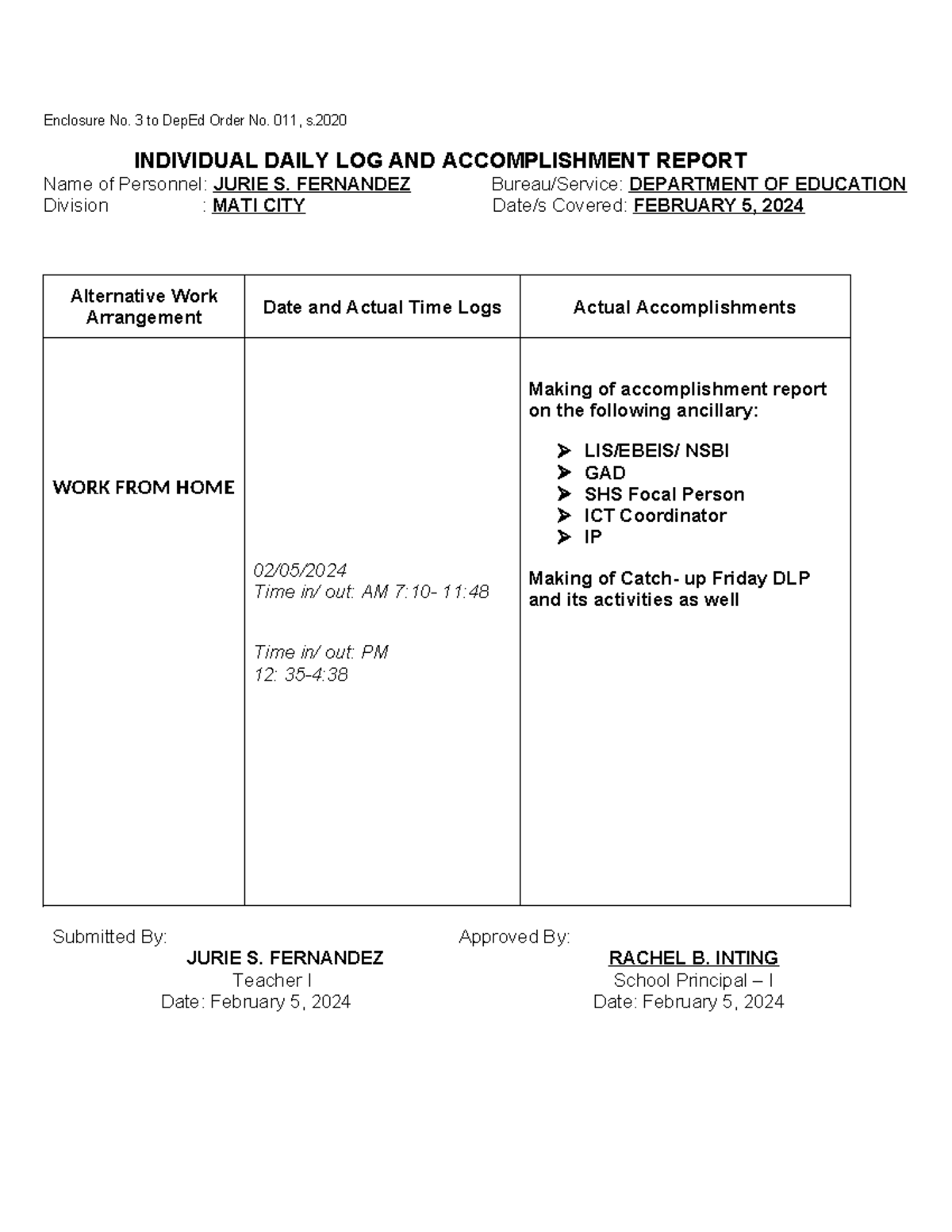 DepEd Order No. 011, s.2020: Daily Log & Accomplishment Report - Studocu