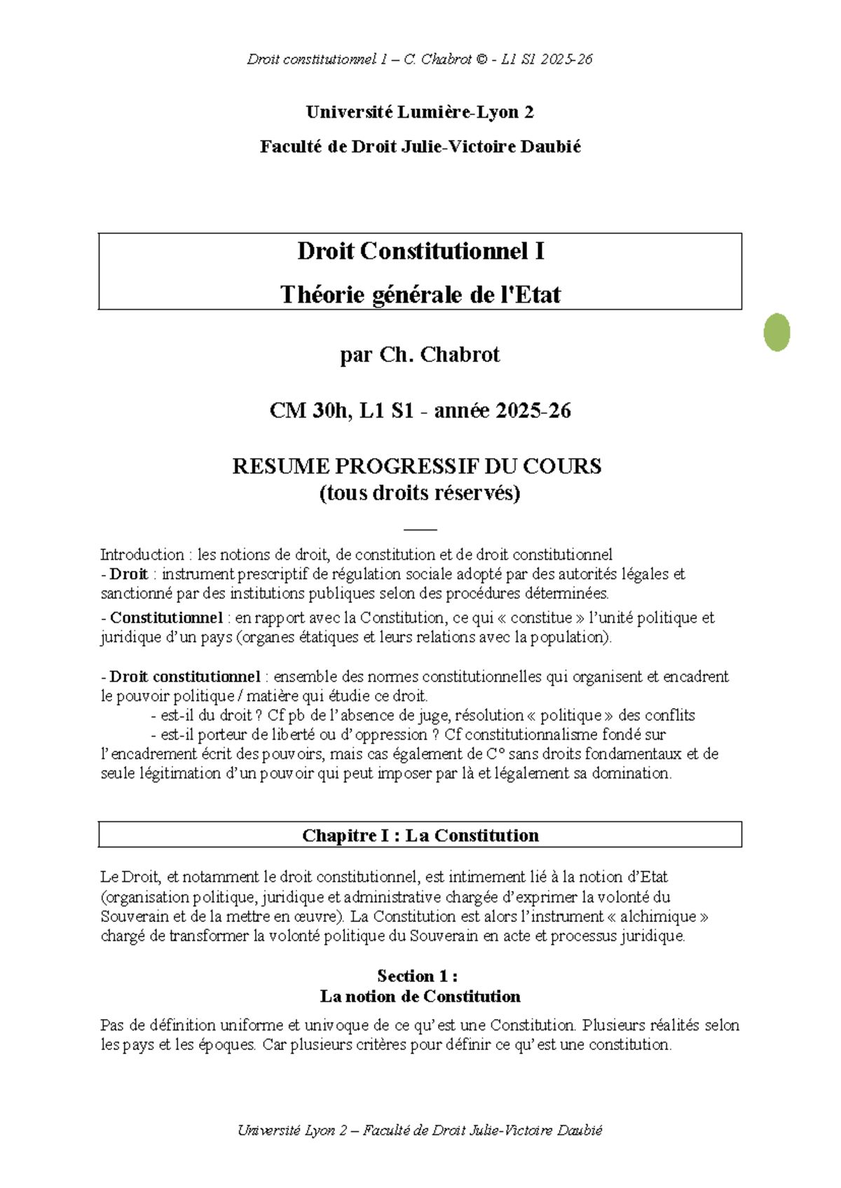 Droit Constitutionnel I - Résumé Progressif CM 1 - Chabrot 2025 - Studocu
