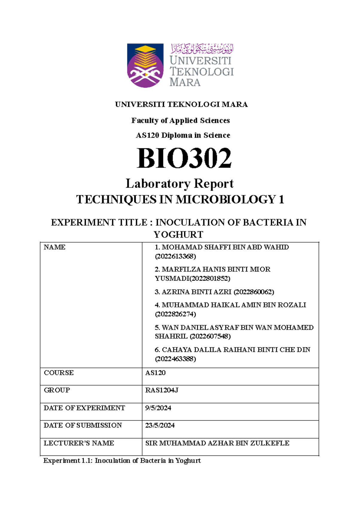 Bio 302 Lab Report: Inoculation of Bacteria in Yoghurt Experiment - Studocu