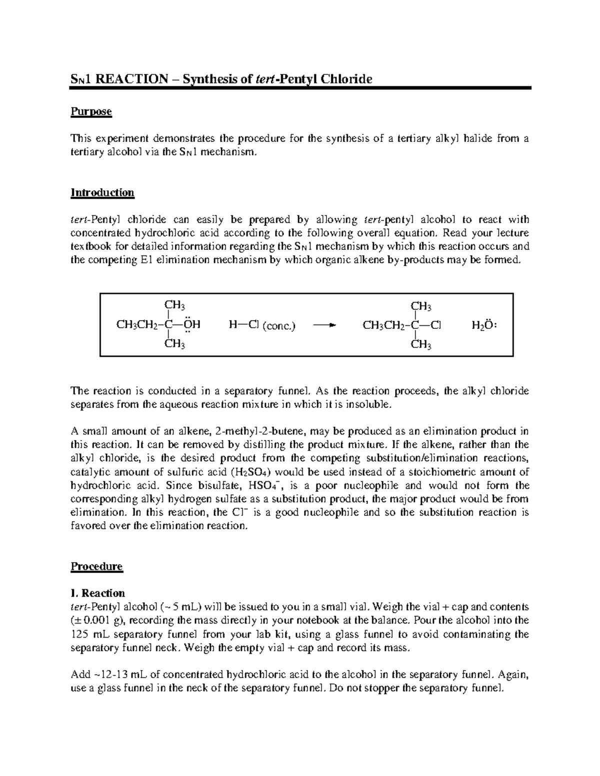 Synthesis of tert-Pentyl Chloride via SN1 Mechanism Protocol - Studocu