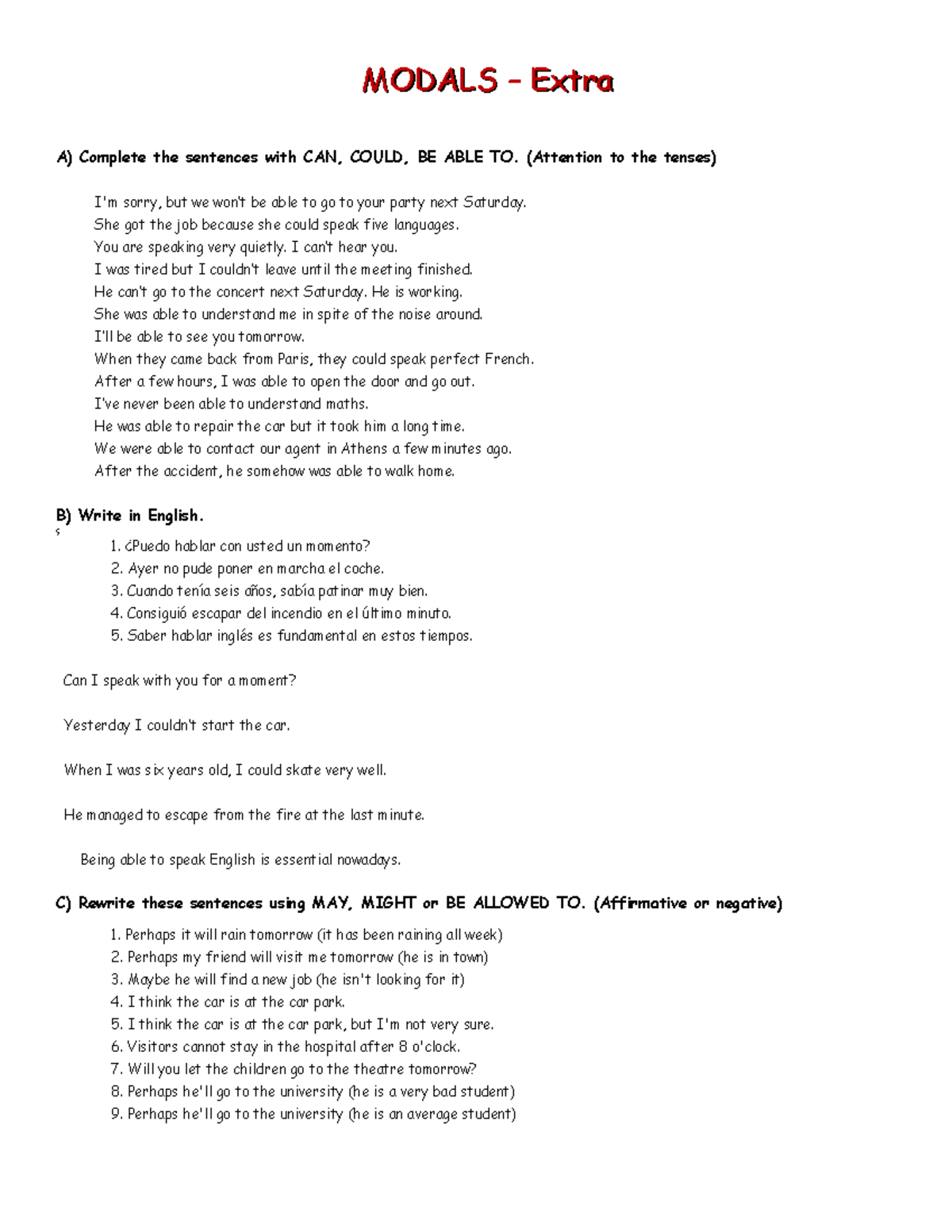 Modal Verbs Practice Exercises (Course Code: MODALS) - Studocu