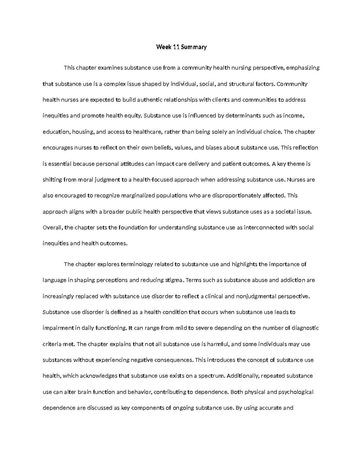 Week 11 Summary: Community Health Nursing & Substance Use Issues - Studocu