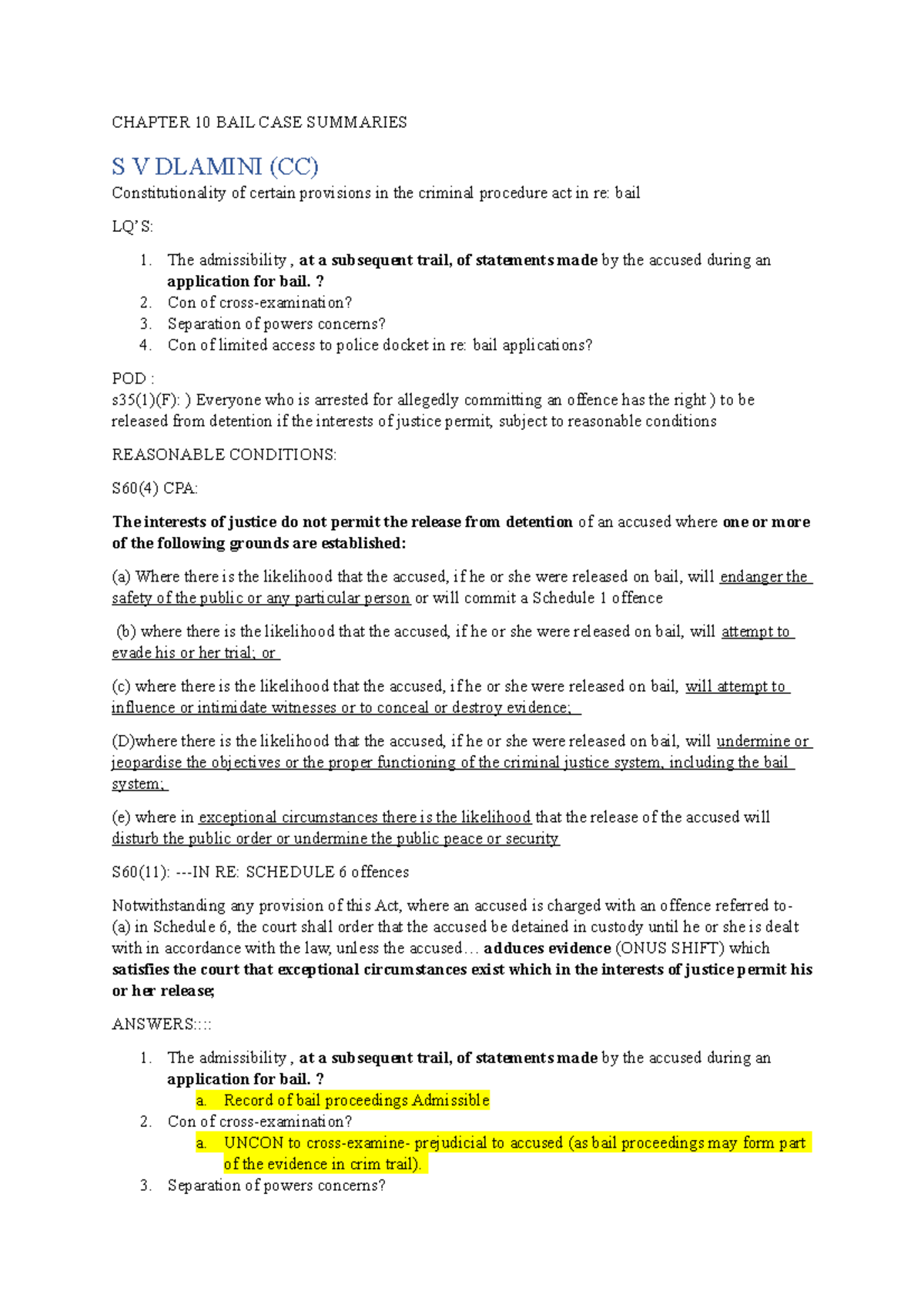Chapter 10 BAIL CASE Summaries - CHAPTER 10 BAIL CASE SUMMARIES S V DLAMINI (CC ...