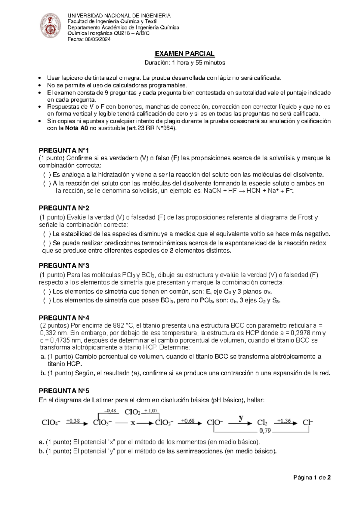 INO - EX PARC 24-1 - Examen Parcial de Química Inorgánica - Studocu