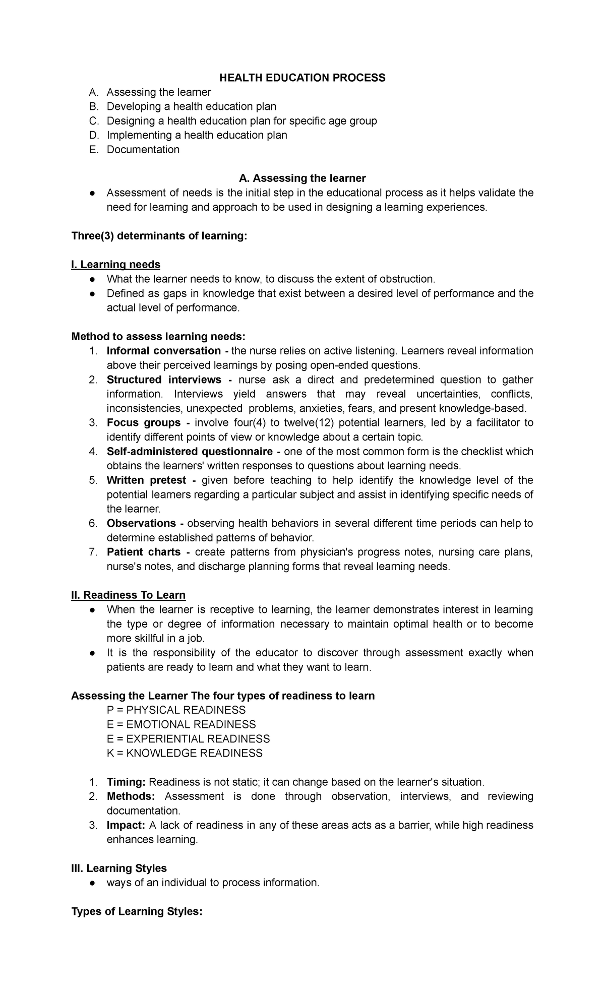 HEALTH EDUCATION PROCESS: Assessing, Developing & Implementing Plans ...