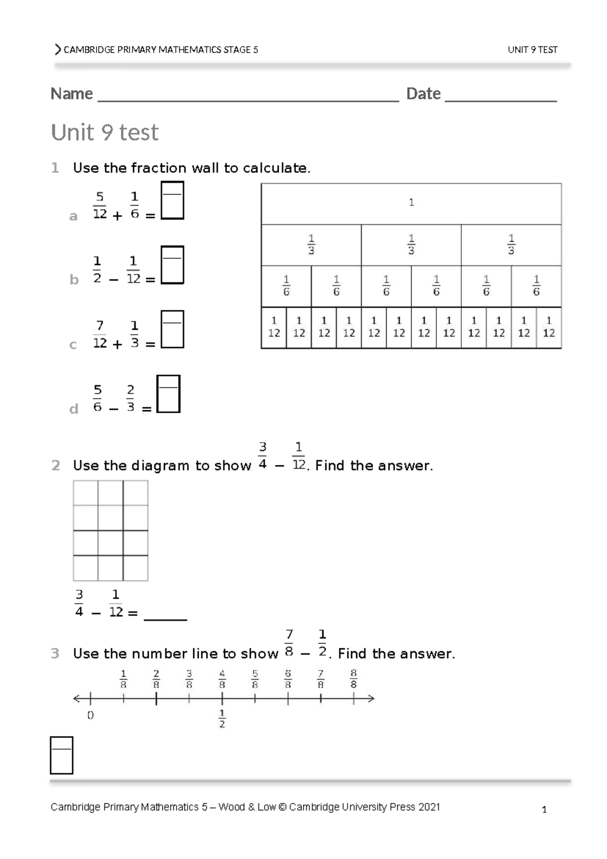 CAMBRIDGE PRIMARY MATHS 5 UNIT 9 TEST - FRACTION WALL & NUMBER LINE ...
