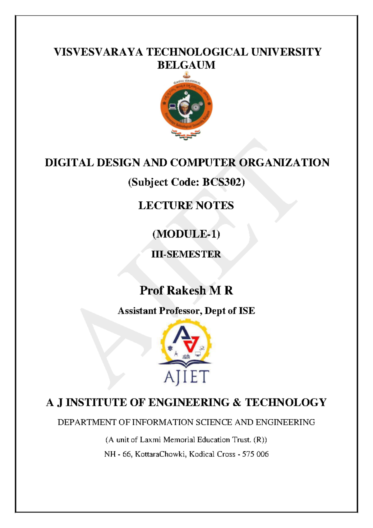 Digital Design and Computer Organization BCS302 Lecture Notes - Module ...
