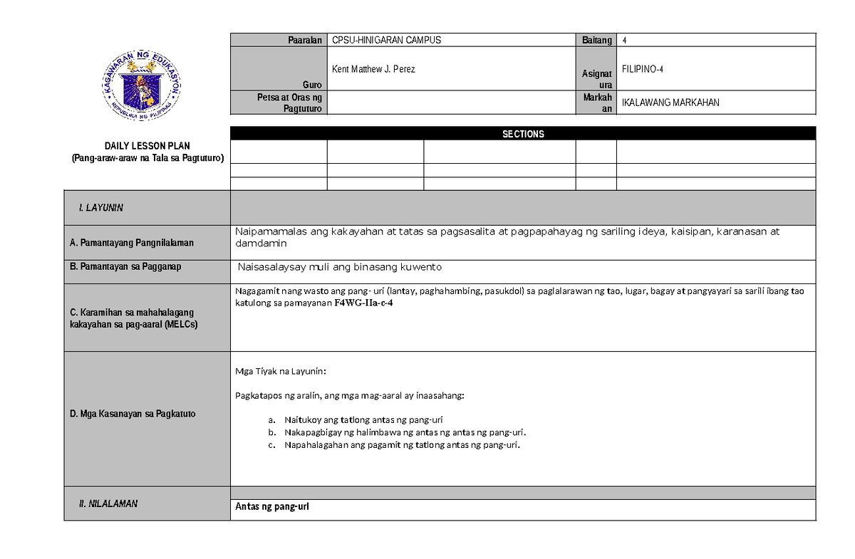 Antas ng Pang-uri (Grade 4) - Daily Lesson Plan at Banghay-Aralin - Studocu
