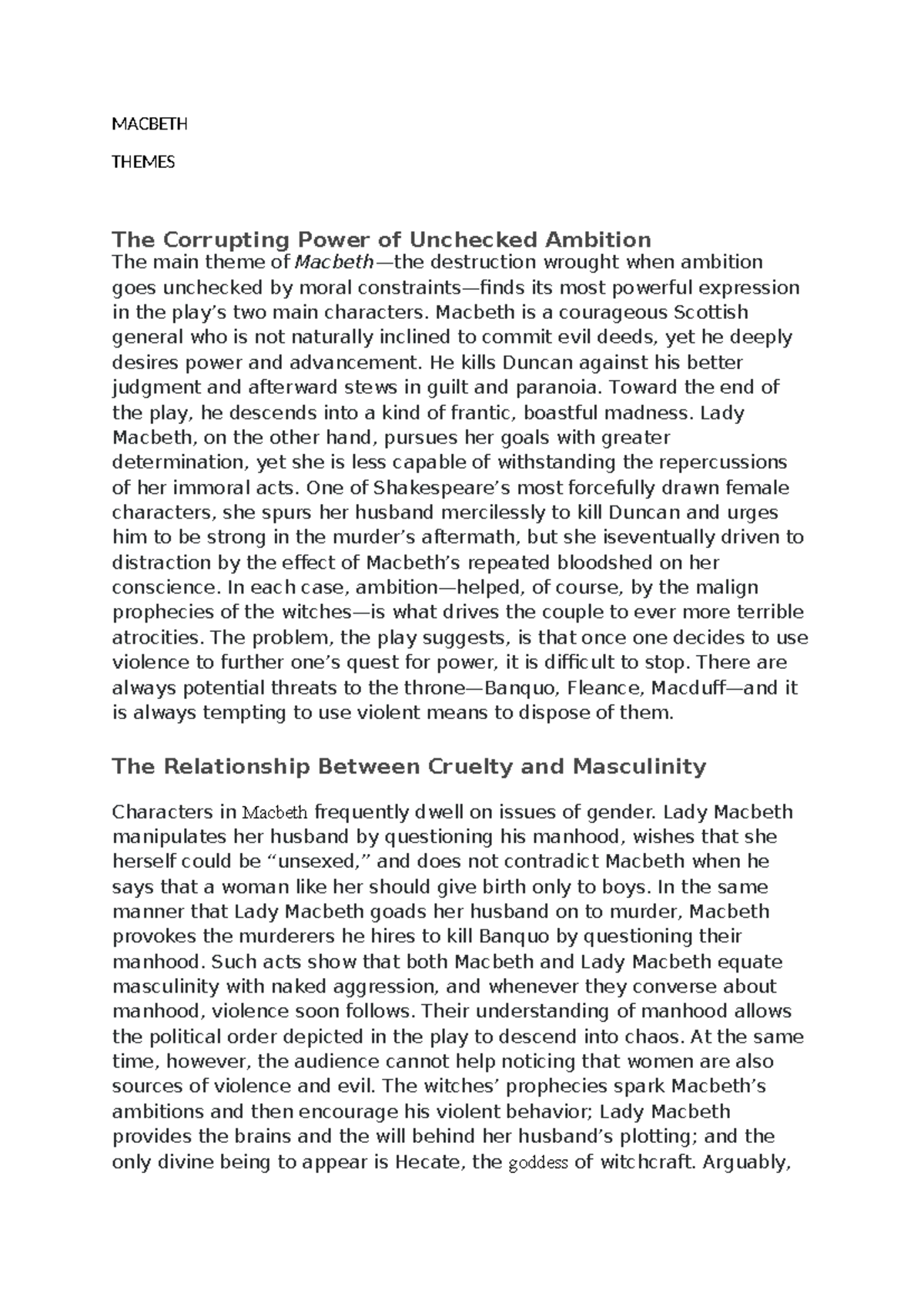 MACBETH - Themes and Character Analysis Notes - Studocu
