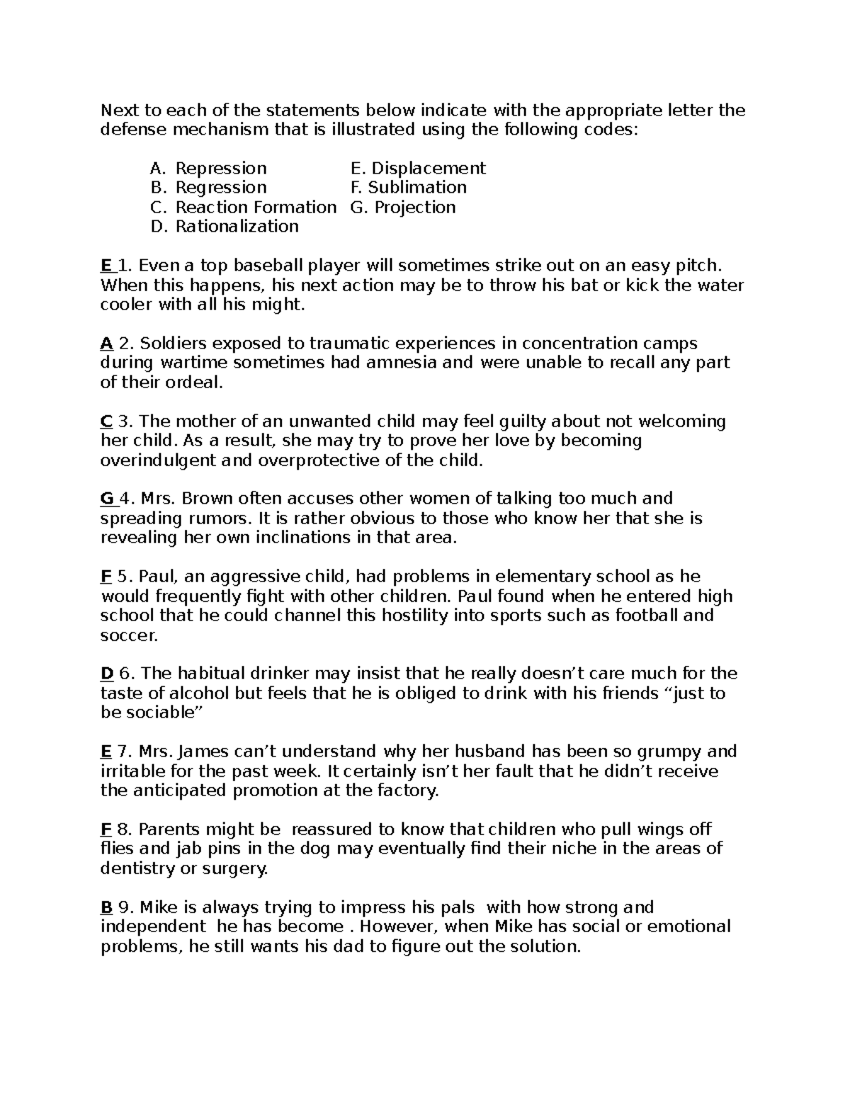Defense Mechanisms Worksheet - Next to each of the statements below ...